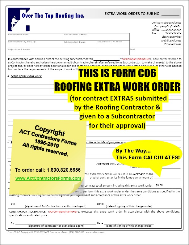Roofing Contractor Change Orders & Extra Work Order Forms